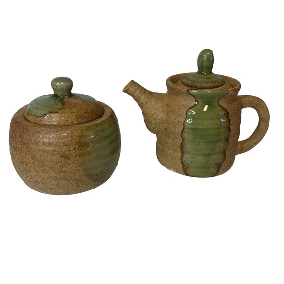 Dining | Pottery Sugar Creamer Server Set Brown Glaze With Green Drip ...